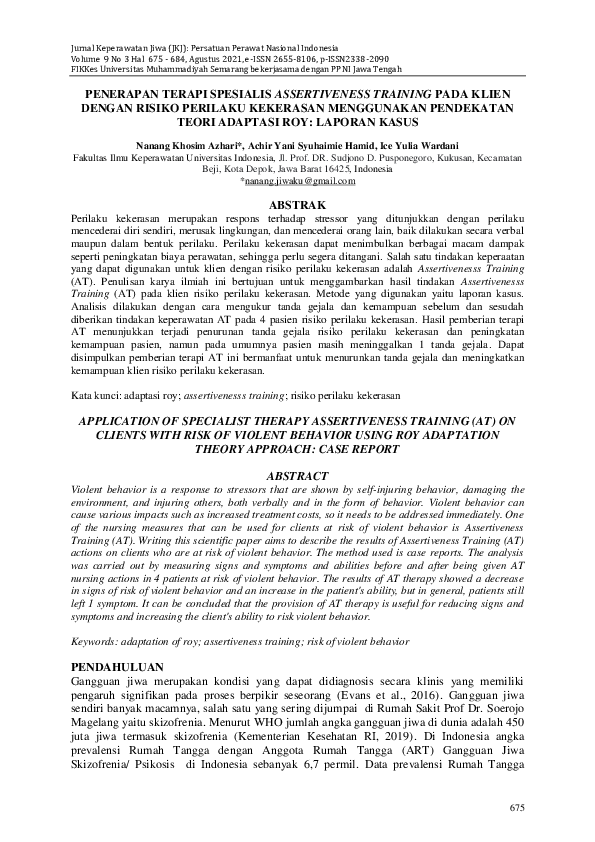(PDF) Penerapan Terapi Spesialis Assertiveness Training pada Klien dengan Risiko Perilaku ...