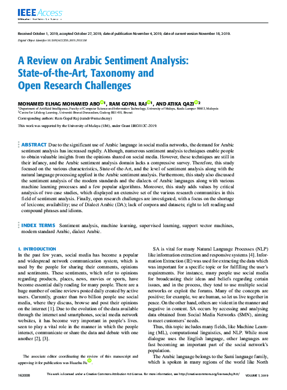 Pdf A Review On Arabic Sentiment Analysis State Of The Art Taxonomy And Open Research