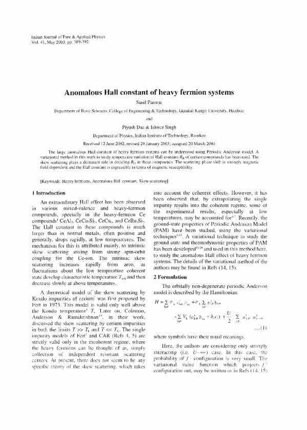 (PDF) Anomalous Hall constant of heavy fermion systems