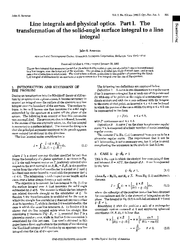 (PDF) Line integrals and physical optics Part I The transformation of the solid-angle surface ...