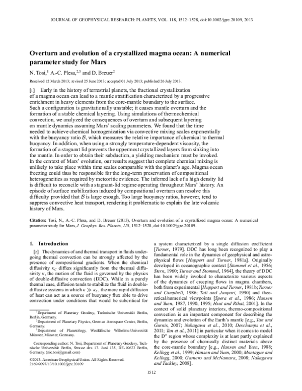 (PDF) Overturn and evolution of a crystallized magma ocean: A numerical ...