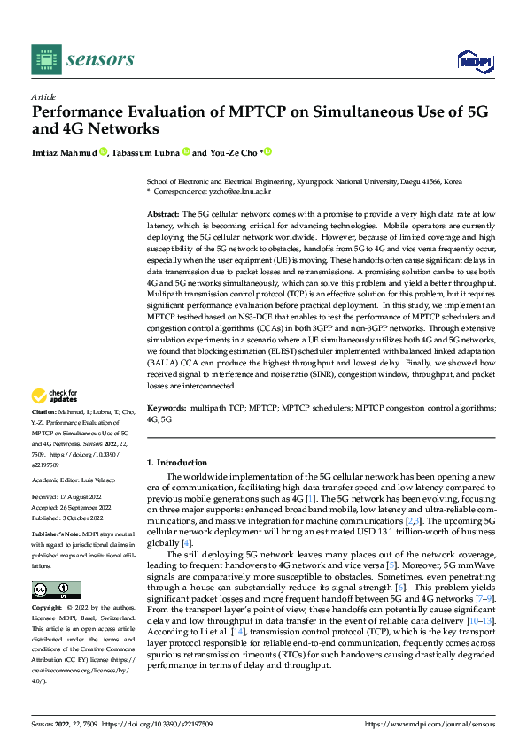 (PDF) Performance Evaluation of MPTCP on Simultaneous Use of 5G and 4G Networks