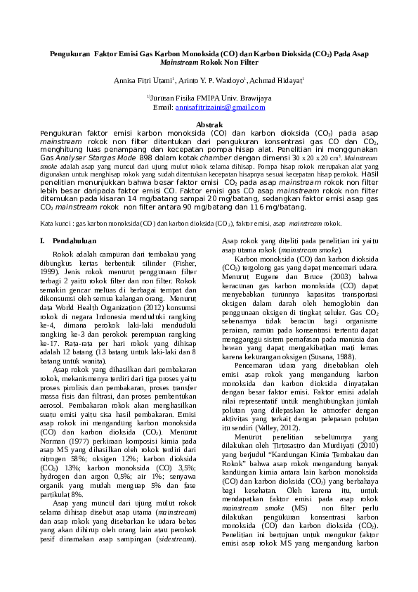 (PDF) Pengukuran Faktor Emisi Gas Karbon Monoksida (CO) dan Karbon ...