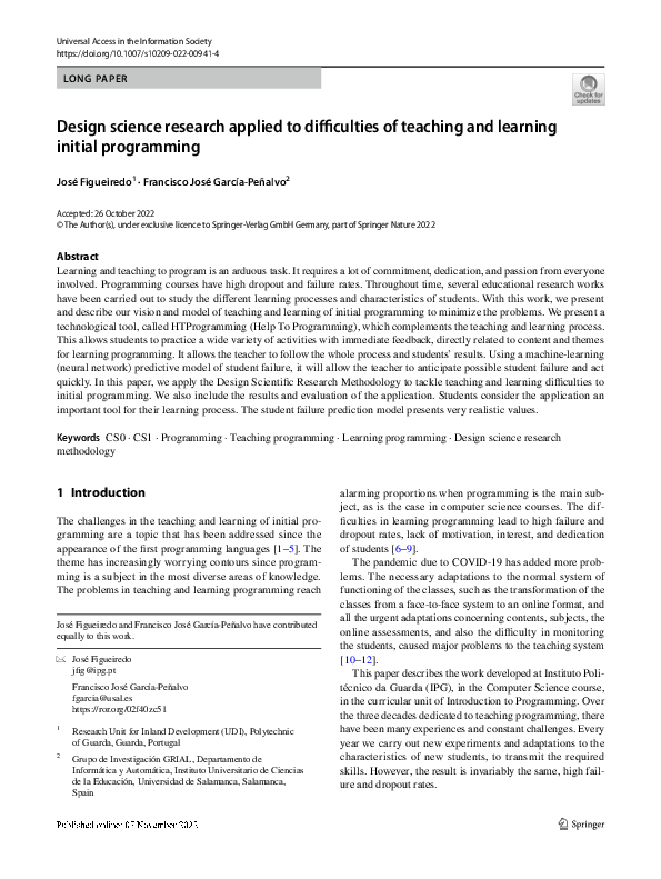 (PDF) Design science research applied to difficulties of teaching and learning initial programming