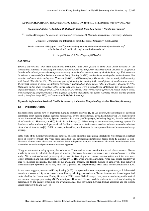 Pdf Automated Arabic Essay Scoring Based On Hybrid Stemming With Wordnet