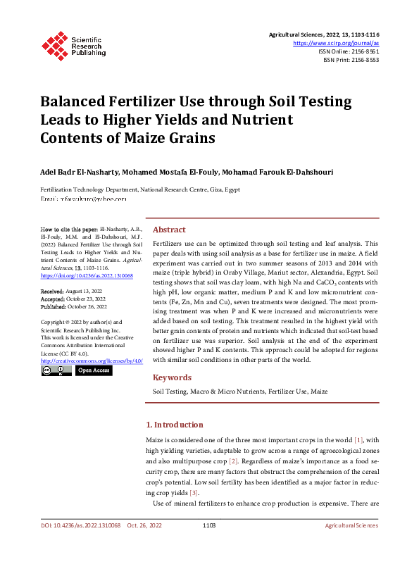 (PDF) Balanced Fertilizer Use through Soil Testing Leads to Higher ...