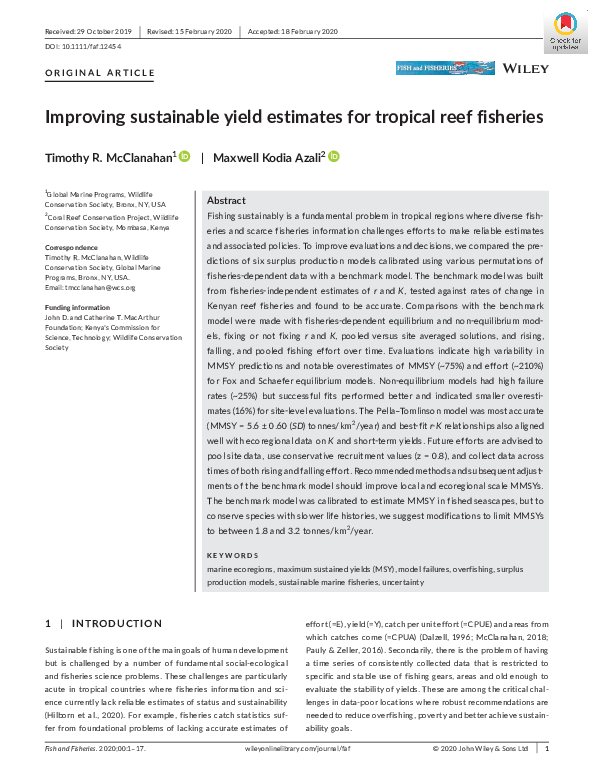 (PDF) Improving sustainable yield estimates for tropical reef fisheries
