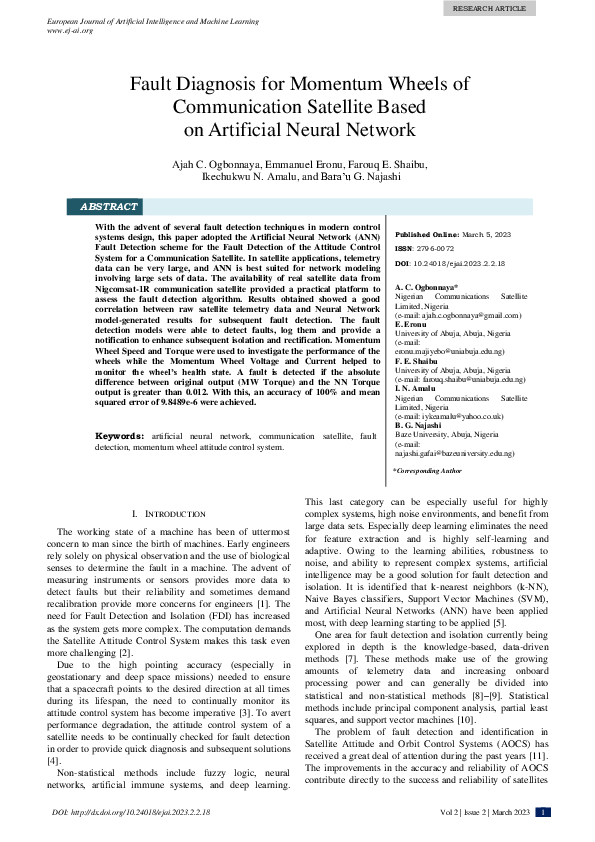 (PDF) Fault Diagnosis for Momentum Wheels of Communication Satellite Based on Artificial Neural ...
