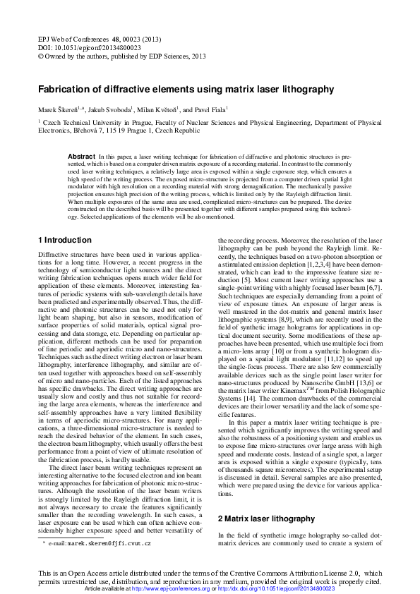 (PDF) Fabrication of diffractive elements using matrix laser lithography