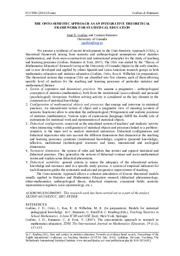 Pdf The Onto Semiotic Approach As An Integrative Theoretical Framework For Statistical Education