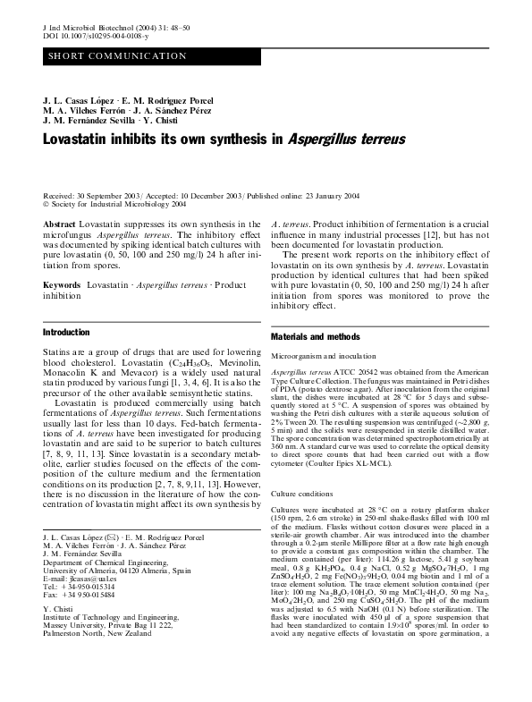 (PDF) Lovastatin inhibits its own synthesis in Aspergillus terreus