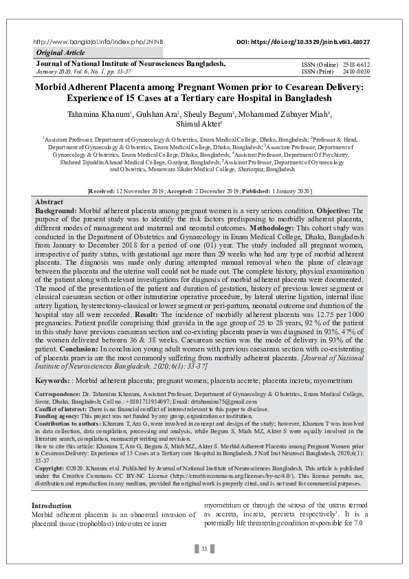 (PDF) Morbid Adherent Placenta among Pregnant Women prior to Cesarean ...