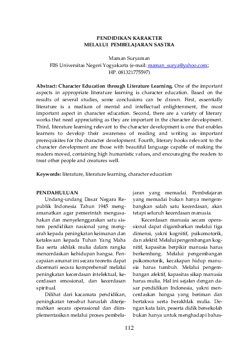 (PDF) Pendidikan Karakter Melalui Pembelajaran Sastra