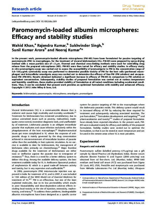 (PDF) Paromomycin-loaded albumin microspheres: Efficacy and stability ...