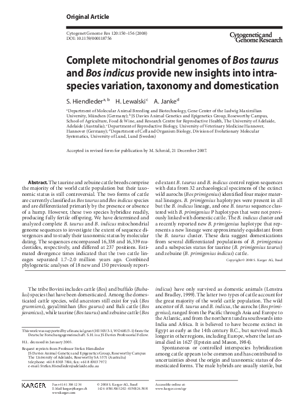 (PDF) Complete mitochondrial genomes of Bos taurus and Bos indicus ...