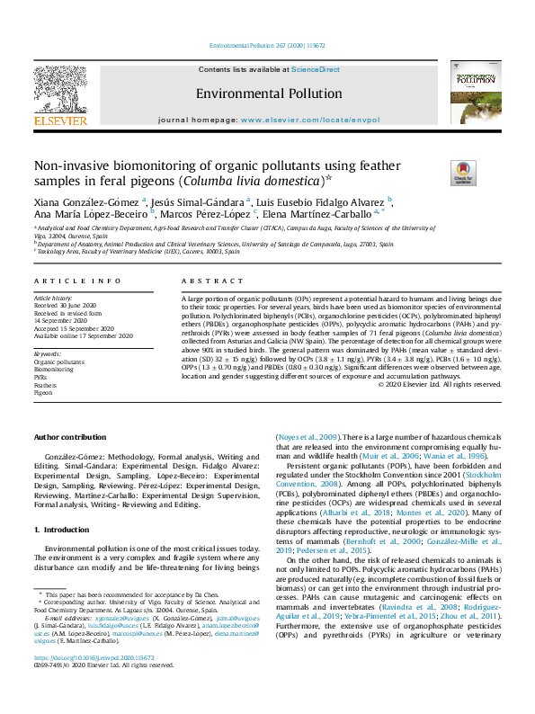 (PDF) Non-invasive biomonitoring of organic pollutants using feather ...