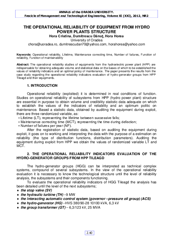 (PDF) The Operational Reliability of Equipment from Hydro Power Plants ...