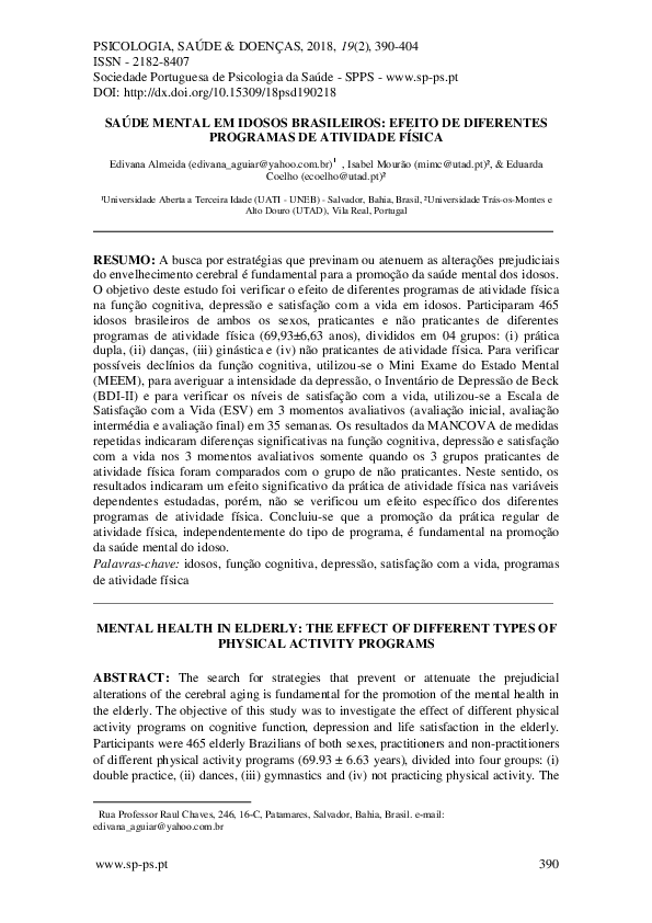 (PDF) Mental Health in Elderly: The Effect of Different Types of Physical Activity Programs