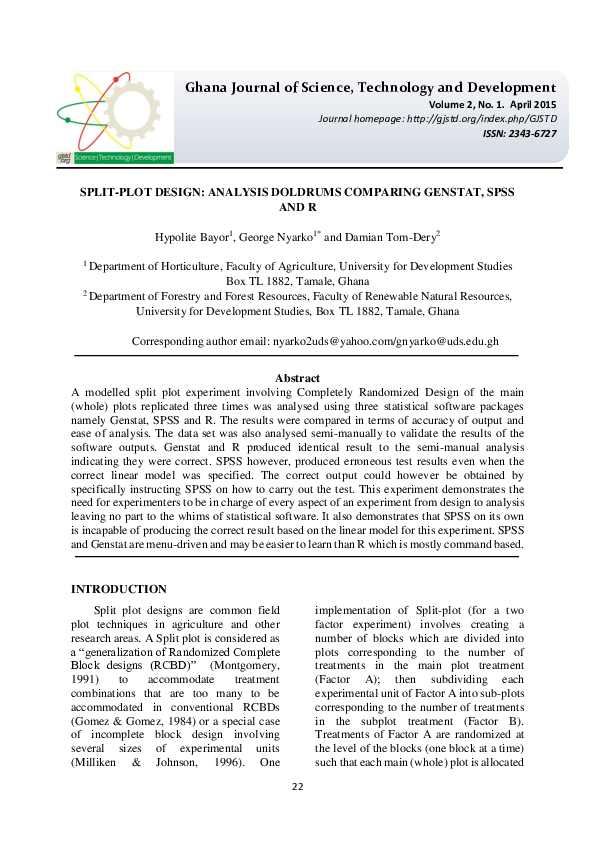 (PDF) Split-Plot Design: Analysis Doldrums Comparing Genstat, SPSS and R