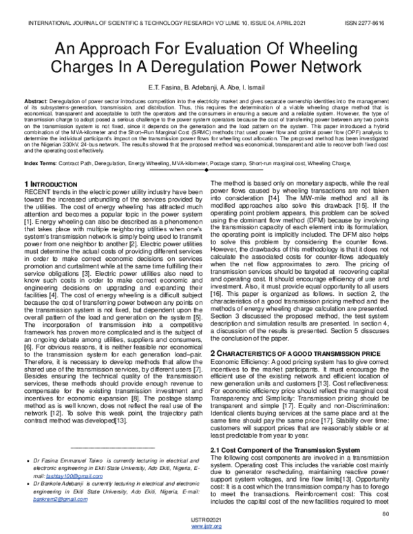 (PDF) An Approach For Evaluation Of Wheeling Charges In A Deregulation ...