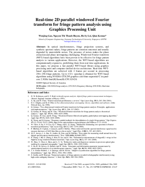 (PDF) Real-time 2D parallel windowed Fourier transform for fringe pattern analysis using ...