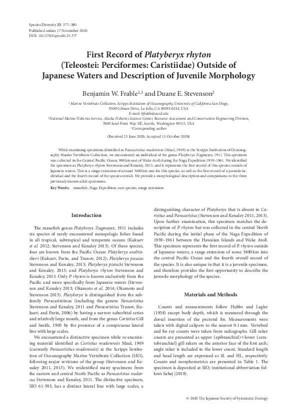 (PDF) First Record of Platyberyx rhyton (Teleostei: Perciformes ...