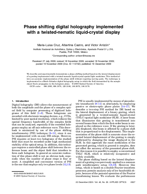 (PDF) Phase shifting digital holography implemented with a twisted-nematic liquid-crystal display
