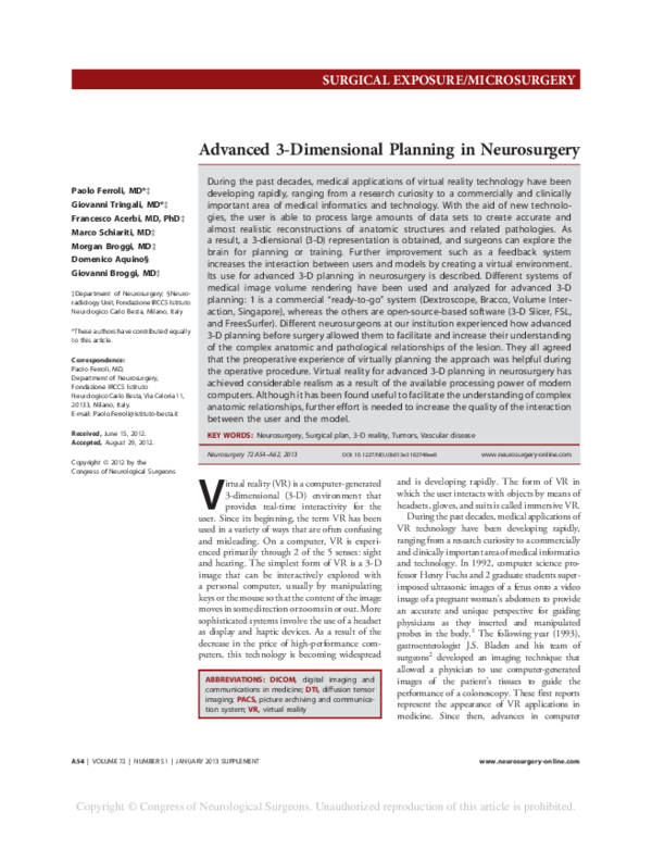 (PDF) Advanced 3-Dimensional Planning in Neurosurgery