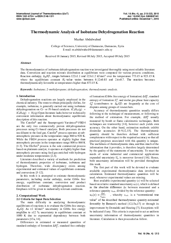 (PDF) Thermodynamic Analysis of Isobutane Dehydrogenation Reaction