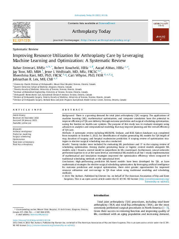 (PDF) Improving Resource Utilization for Arthroplasty Care by Leveraging Machine Learning and ...