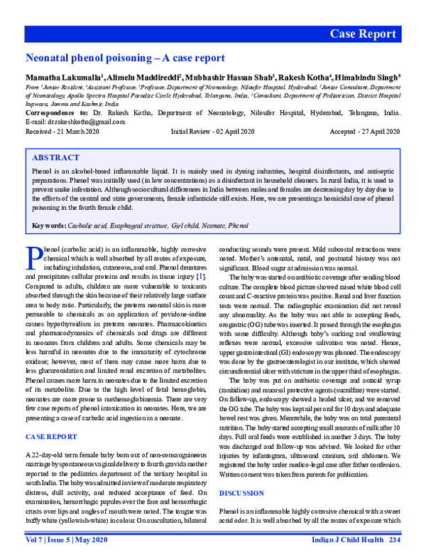 (PDF) Neonatal Phenol Poisoning – a Case Report