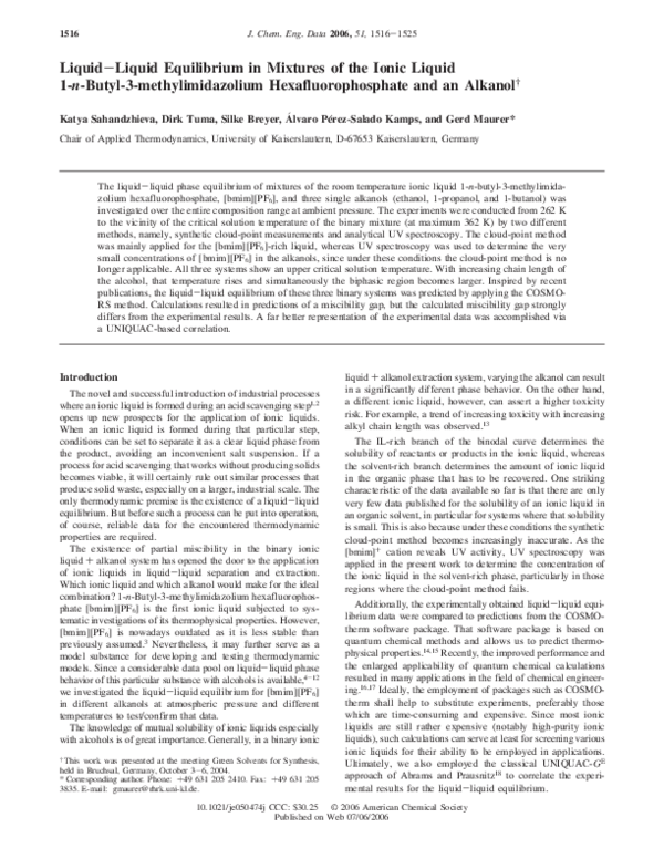 (PDF) Liquid−Liquid Equilibrium in Mixtures of the Ionic Liquid 1-n ...