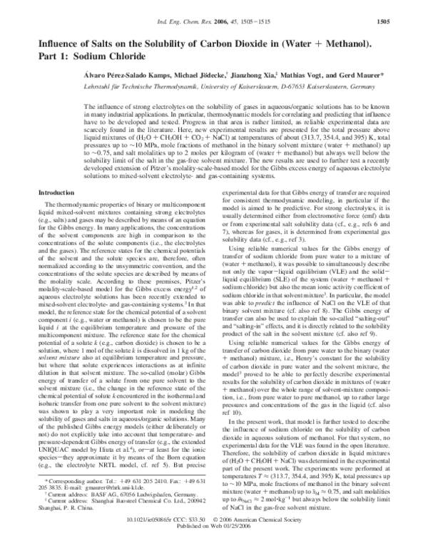 (PDF) Influence of Salts on the Solubility of Carbon Dioxide in (Water + Methanol). Part 2 ...