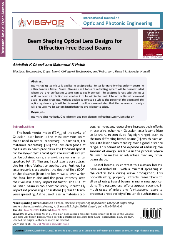 (PDF) Beam Shaping Optical Lens Designs for Diffraction-Free Bessel Beams