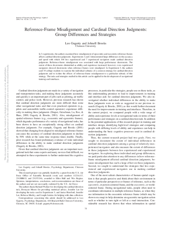 (PDF) Reference-Frame Misalignment and Cardinal Direction Judgments: Group Differences and ...