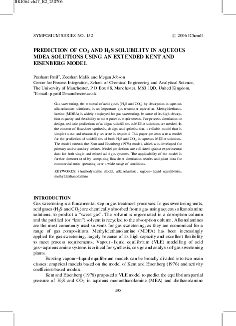 (PDF) Prediction of CO2 and H2S Solubility in Aqueous Mdea Solutions Using an Extended Kent and ...