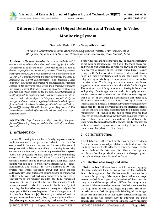 (PDF) Different Techniques of Object Detection and Tracking: In Video Monitoring System