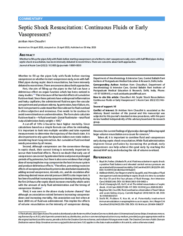 (PDF) Septic Shock Resuscitation: Continuous Fluids or Early Vasopressors?