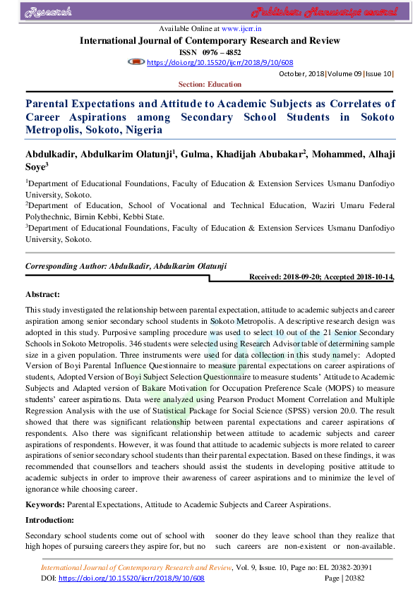 Pdf Parental Expectations And Attitude To Academic Subjects As