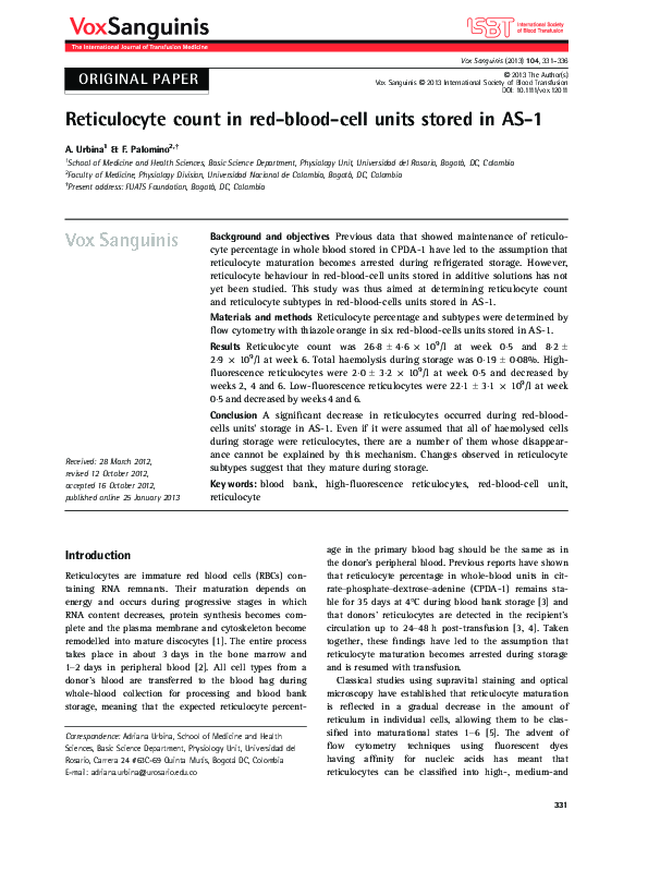 (PDF) Reticulocyte count in red-blood-cell units stored in AS-1