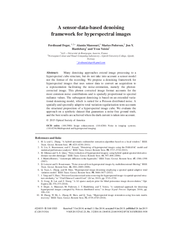 (PDF) A sensor-data-based denoising framework for hyperspectral images