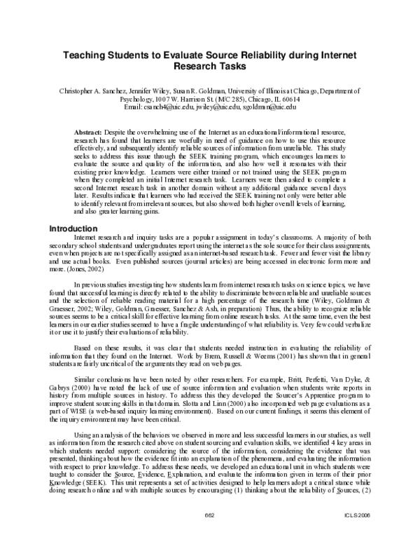 (PDF) Teaching students to evaluate source reliability during internet research tasks
