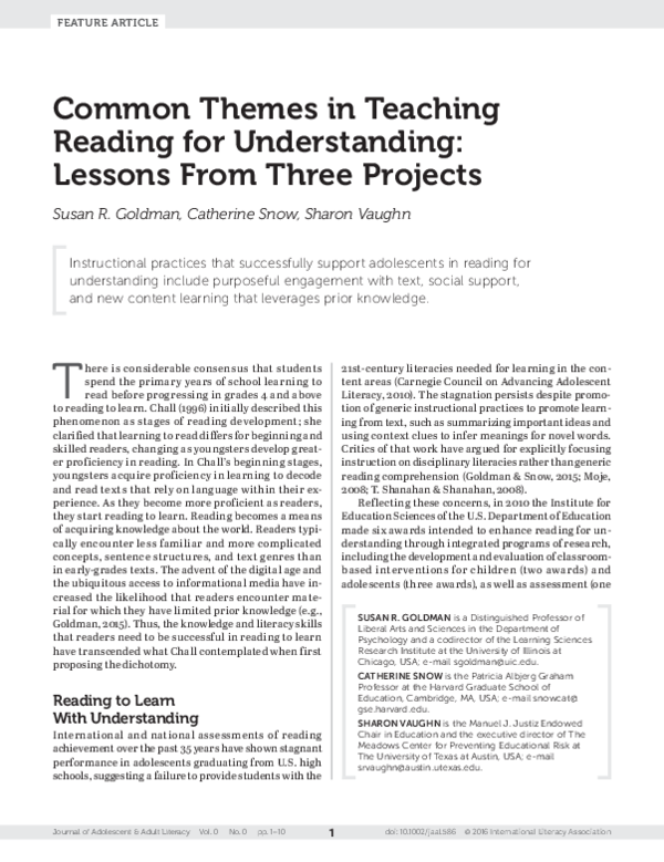 (PDF) Common Themes in Teaching Reading for Understanding: Lessons From ...