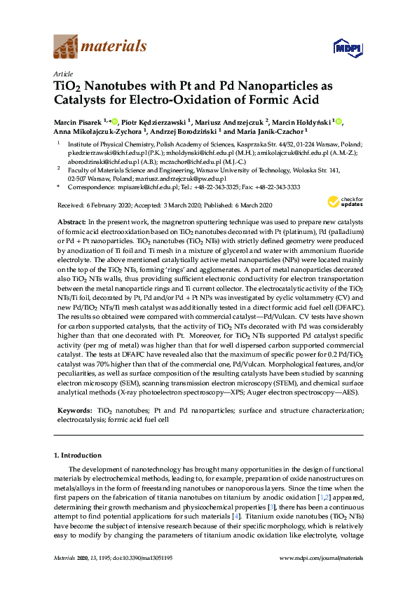 (PDF) TiO2 Nanotubes with Pt and Pd Nanoparticles as Catalysts for Electro-Oxidation of Formic Acid