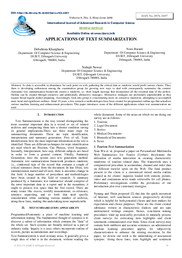 (PDF) Applications of Text Summarization | debabrata Khargharia ...