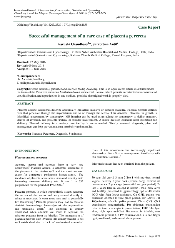 (PDF) Successful management of a rare case of placenta percreta ...