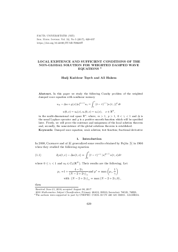 (PDF) Local Existence and Sufficient Conditions of the Non-Global Solution for Weighted Damped ...