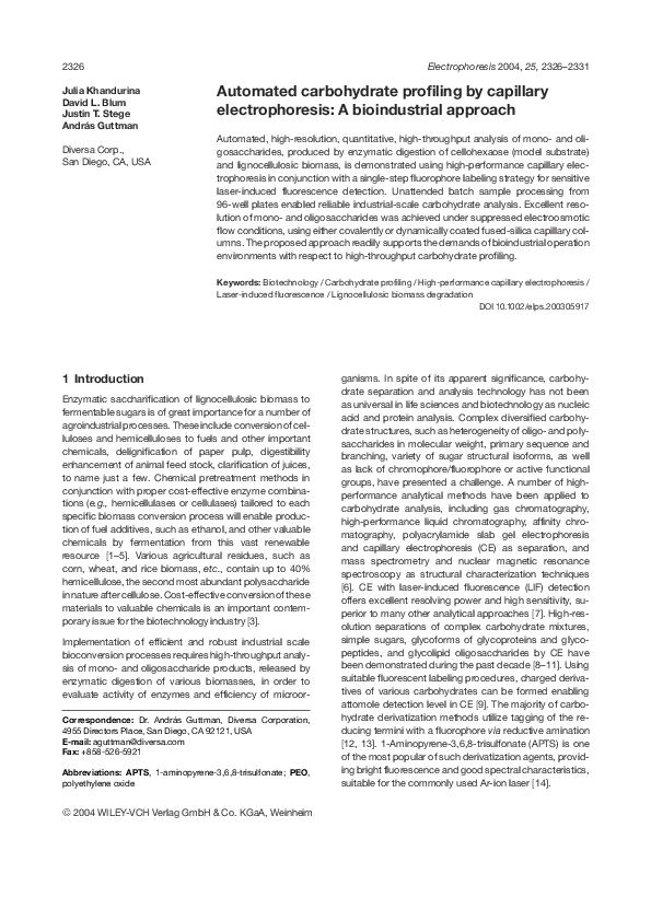 (PDF) Automated carbohydrate profiling by capillary electrophoresis: A bioindustrial approach