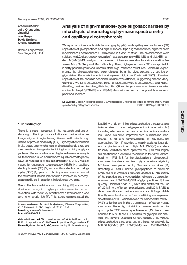 (PDF) Analysis of high‐mannose‐type oligosaccharides by microliquid ...