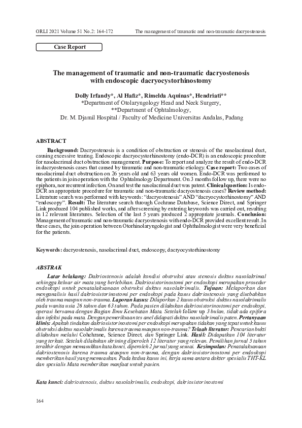 (PDF) The management of traumatic and non traumatic dacryostenosis with ...